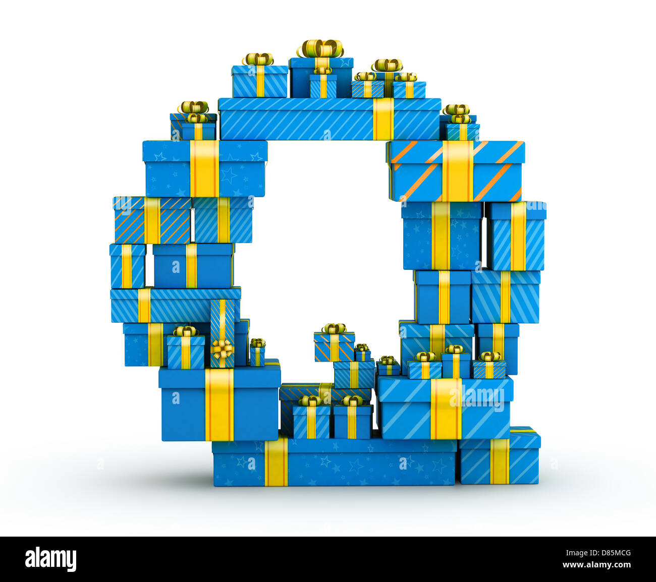 Letter Q from blue gift boxes decorated with yellow ribbons Stock Photo ...