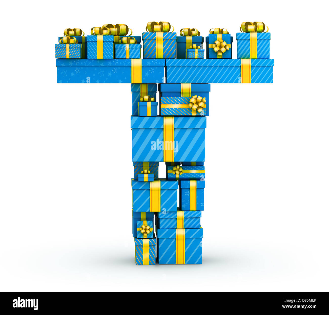 Letter T from blue gift boxes decorated with yellow ribbons Stock Photo ...