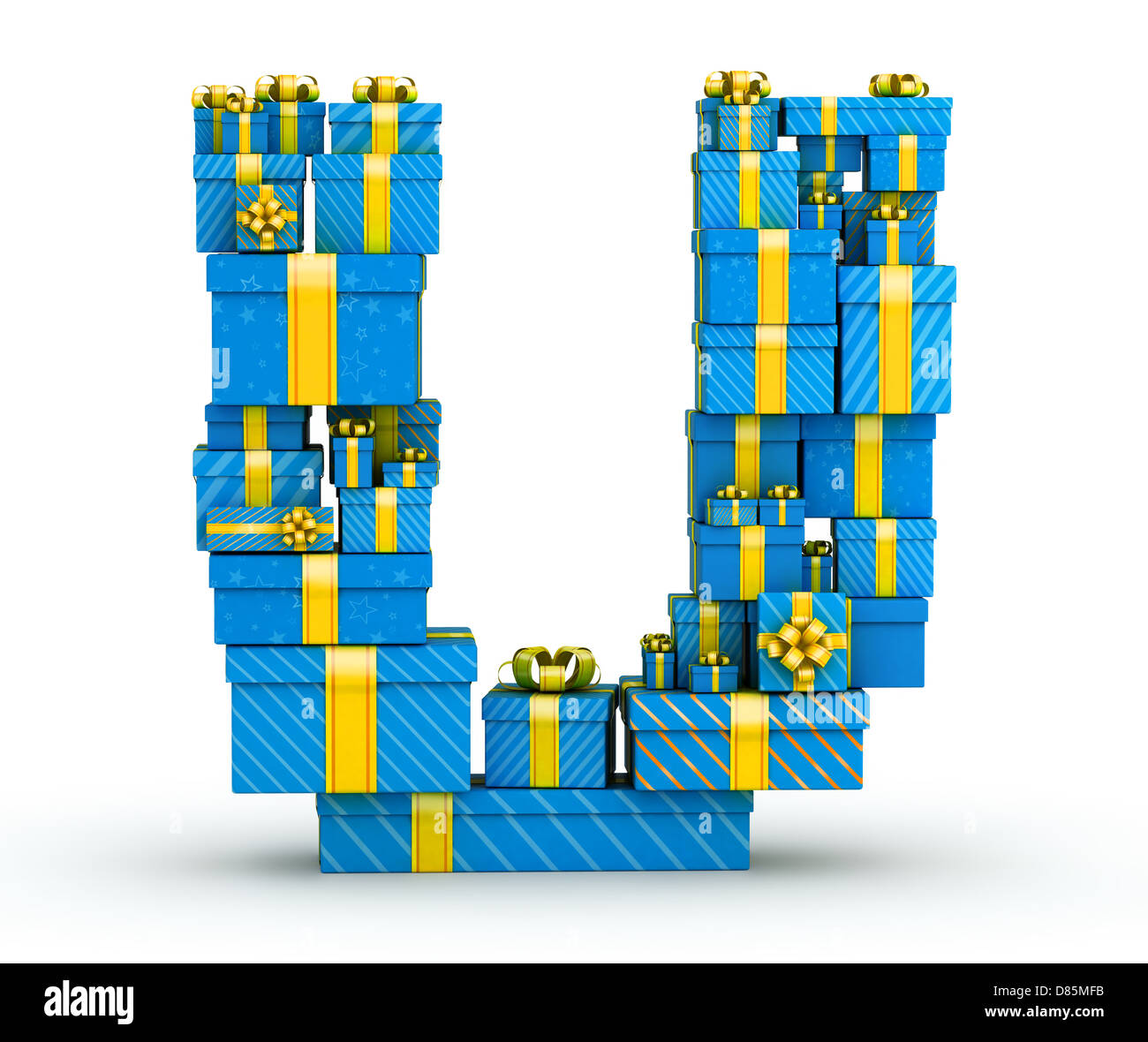 Letter U from blue gift boxes decorated with yellow ribbons Stock Photo ...