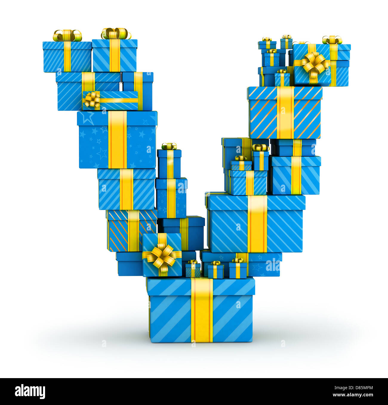 Letter V from blue gift boxes decorated with yellow ribbons Stock Photo ...