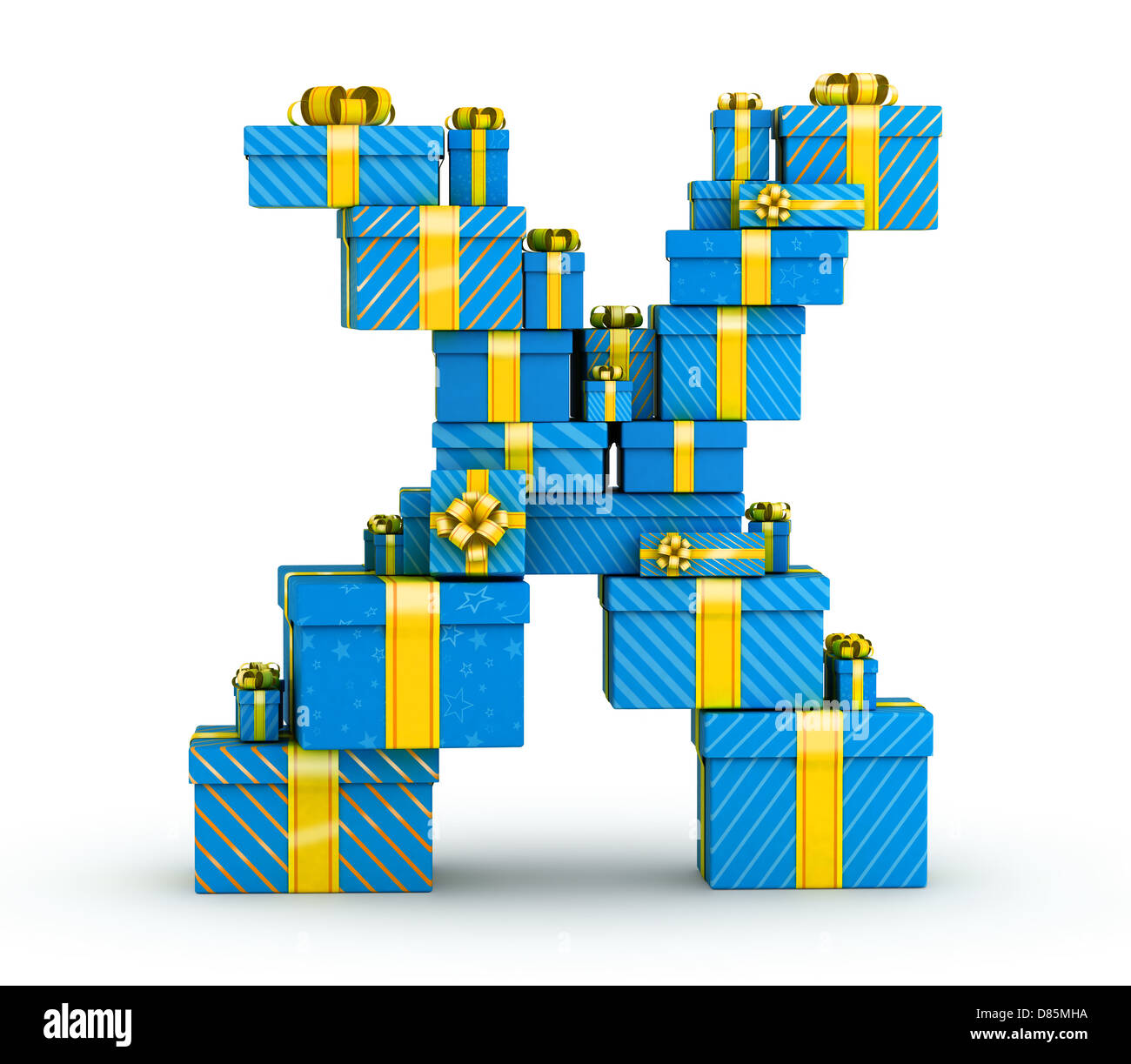 Letter X from blue gift boxes decorated with yellow ribbons Stock Photo ...