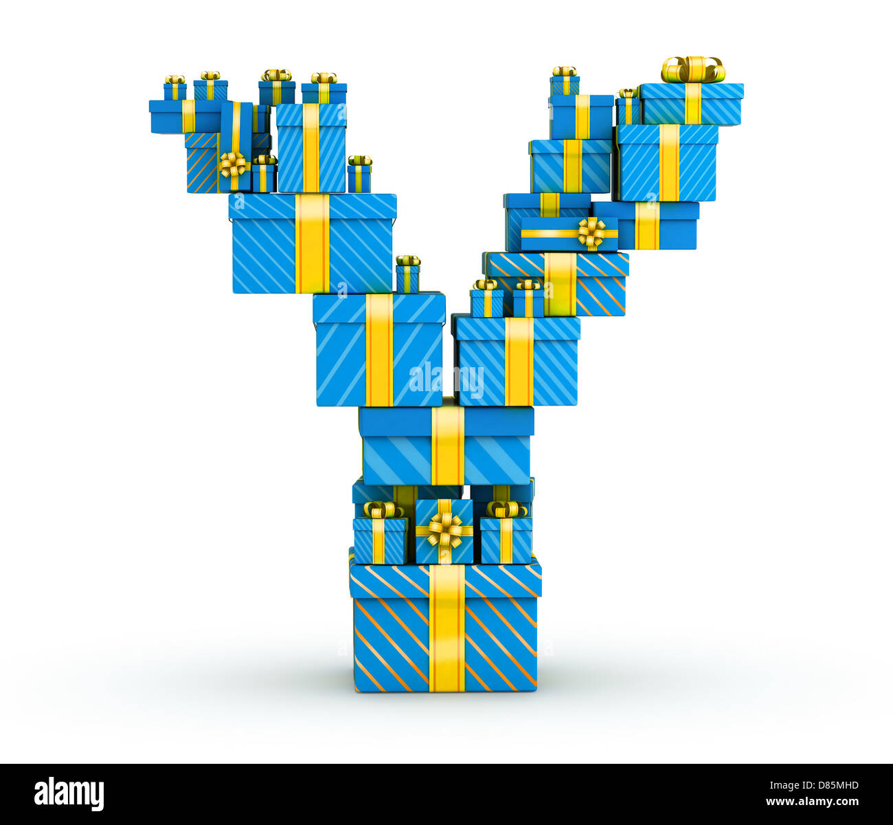 Letter Y from blue gift boxes decorated with yellow ribbons Stock Photo ...