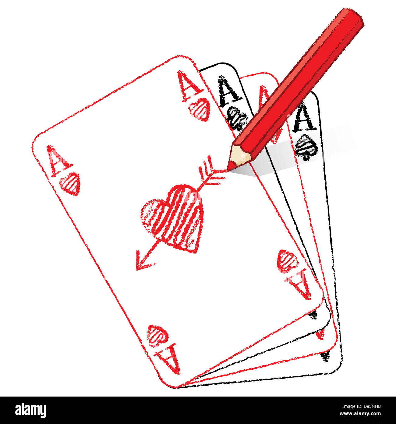 Red Pencil Drawing Various Ace of Hearts Playing Cards on a Fan of Aces ...