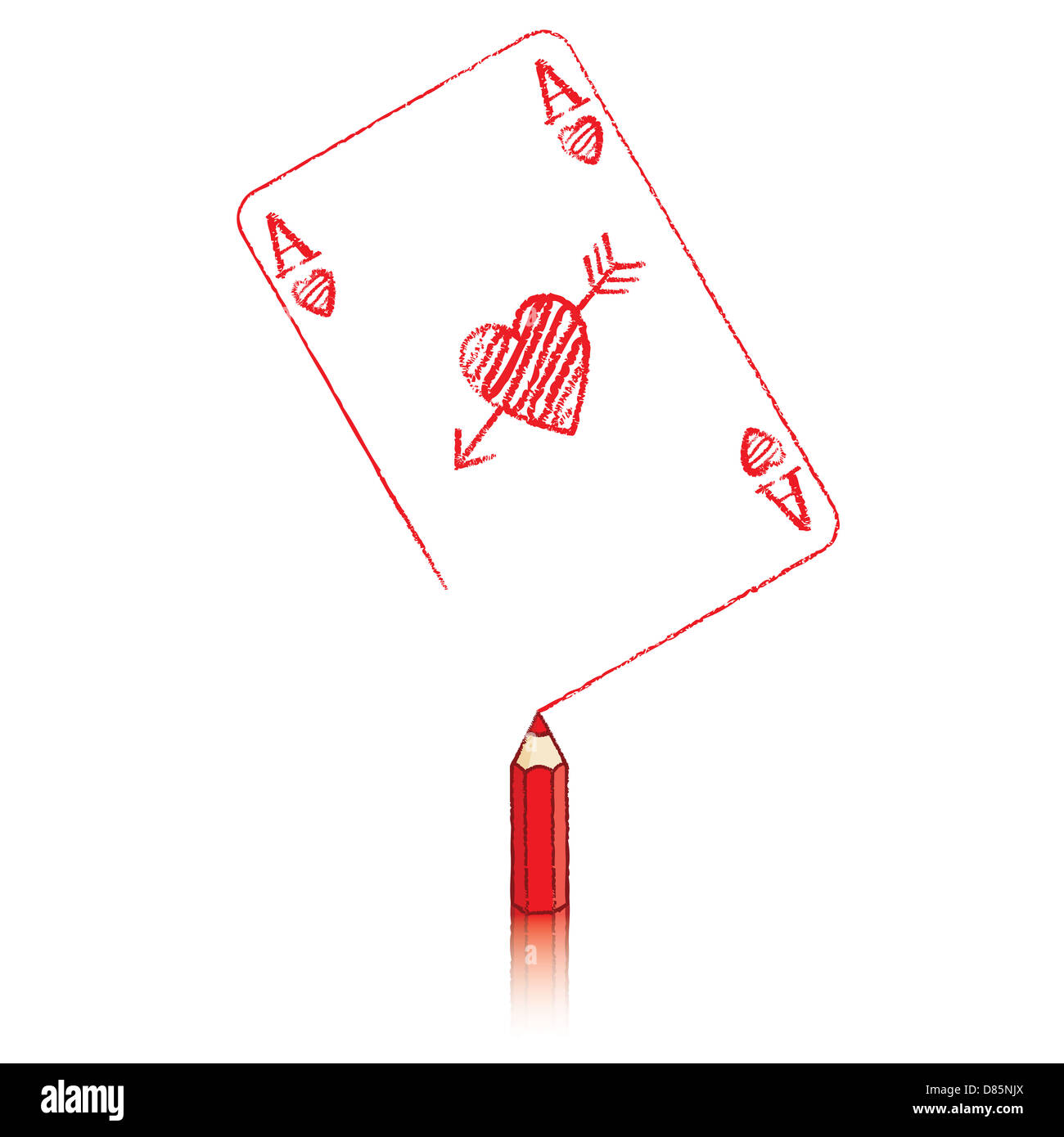Red Pencil with Reflection Drawing various Ace of Hearts Playing Cards ...