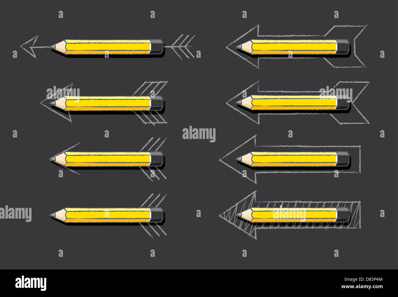 Yellow Lead Pencils Overlaying Various styles of Drawn Arrows with ...