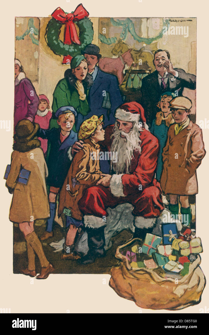 Father Christmas Giving Xmas Presents To Children Stock Photo - Alamy