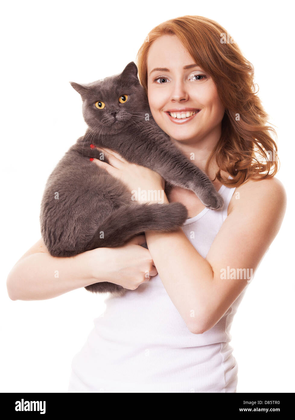 beautiful young woman with her cat, isolated on white background Stock ...