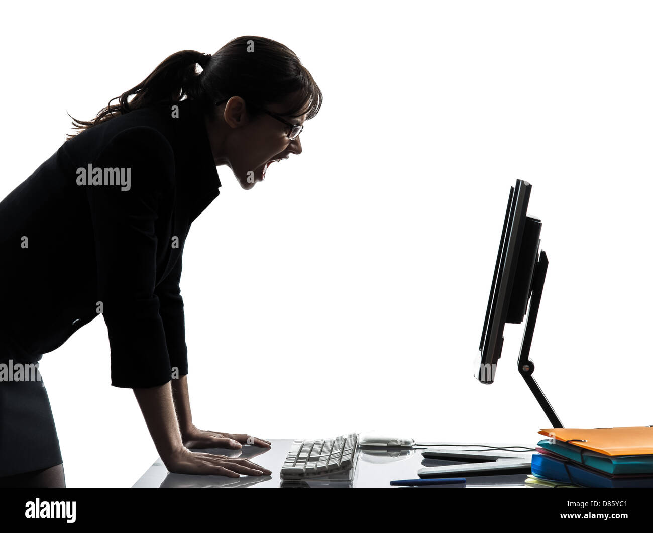 one business woman computer computing screaming angry silhouette studio ...