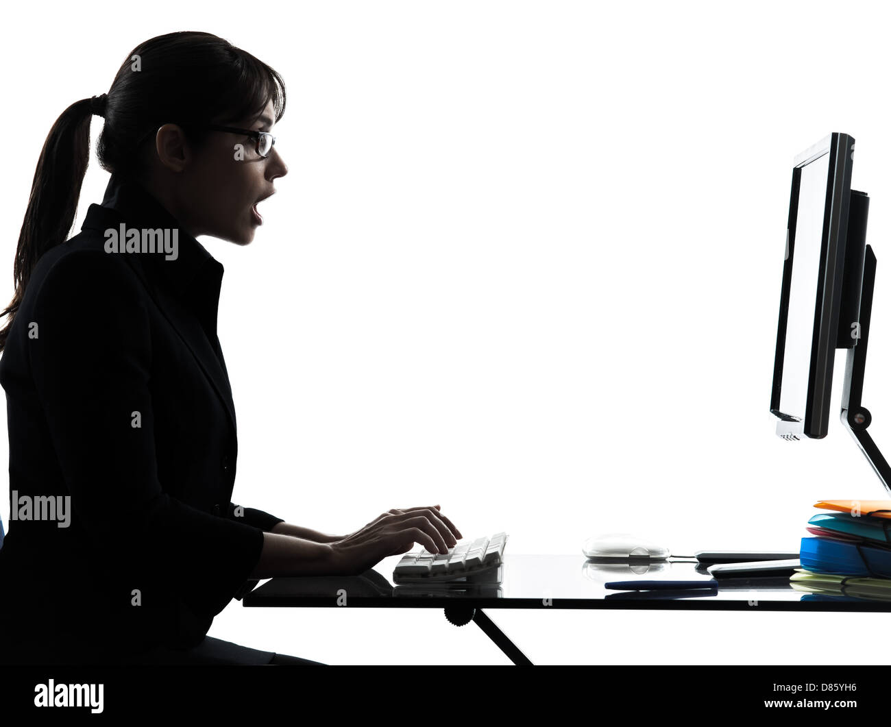 one business woman computer computing typing surprised silhouette ... one business woman computer computing typing surprised silhouette ...
