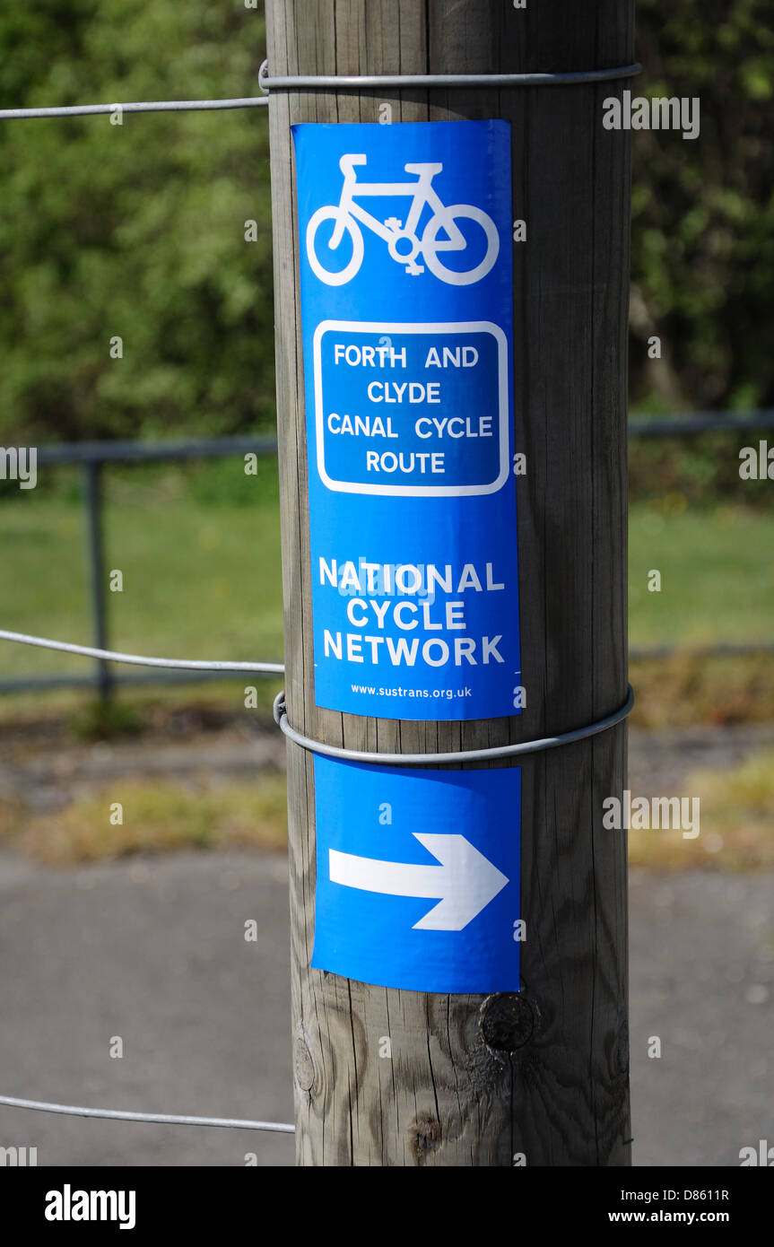 Sign depicting the Forth and Clyde canal cycle route in Glasgow ...