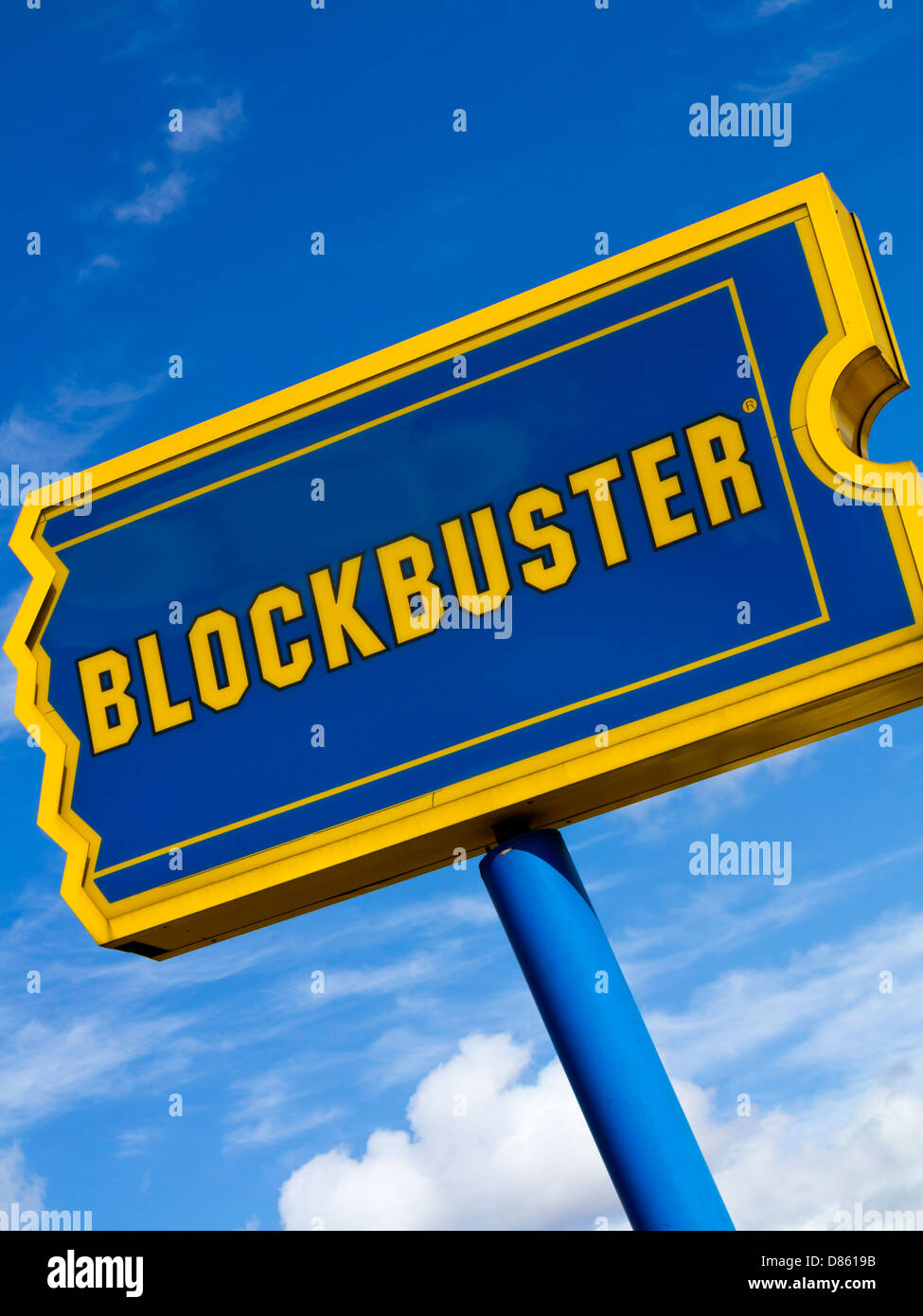 Blockbuster sign ahowing blue and yellow logo outside DVD Blu Ray and ...