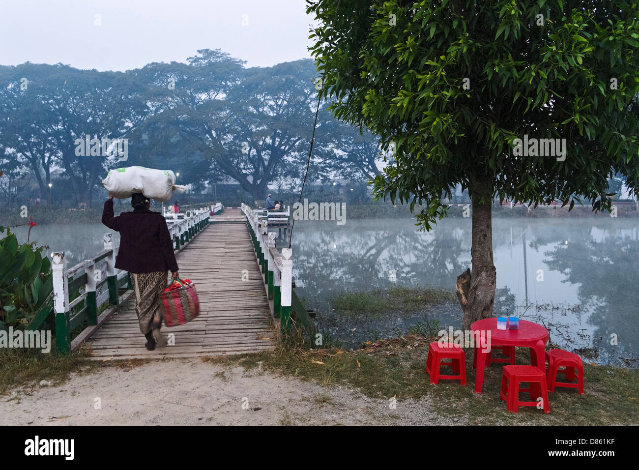 At the bridge across the Thazi pond, Nyaung Shwe, Myanmar, Asia Stock ...
