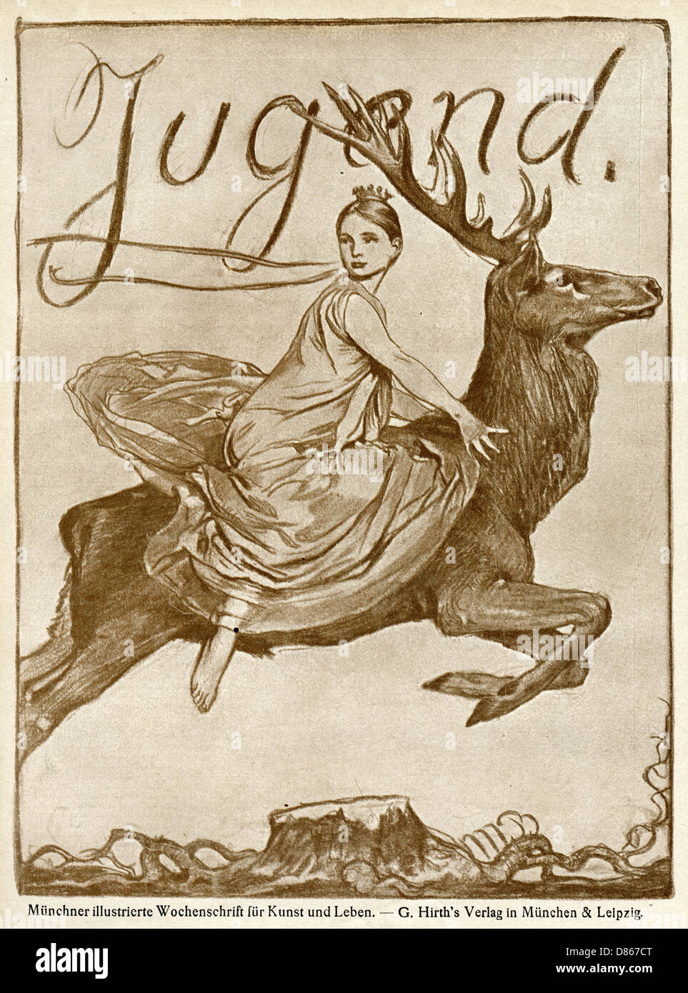 Jugend front cover, young woman riding a stag Stock Photo - Alamy