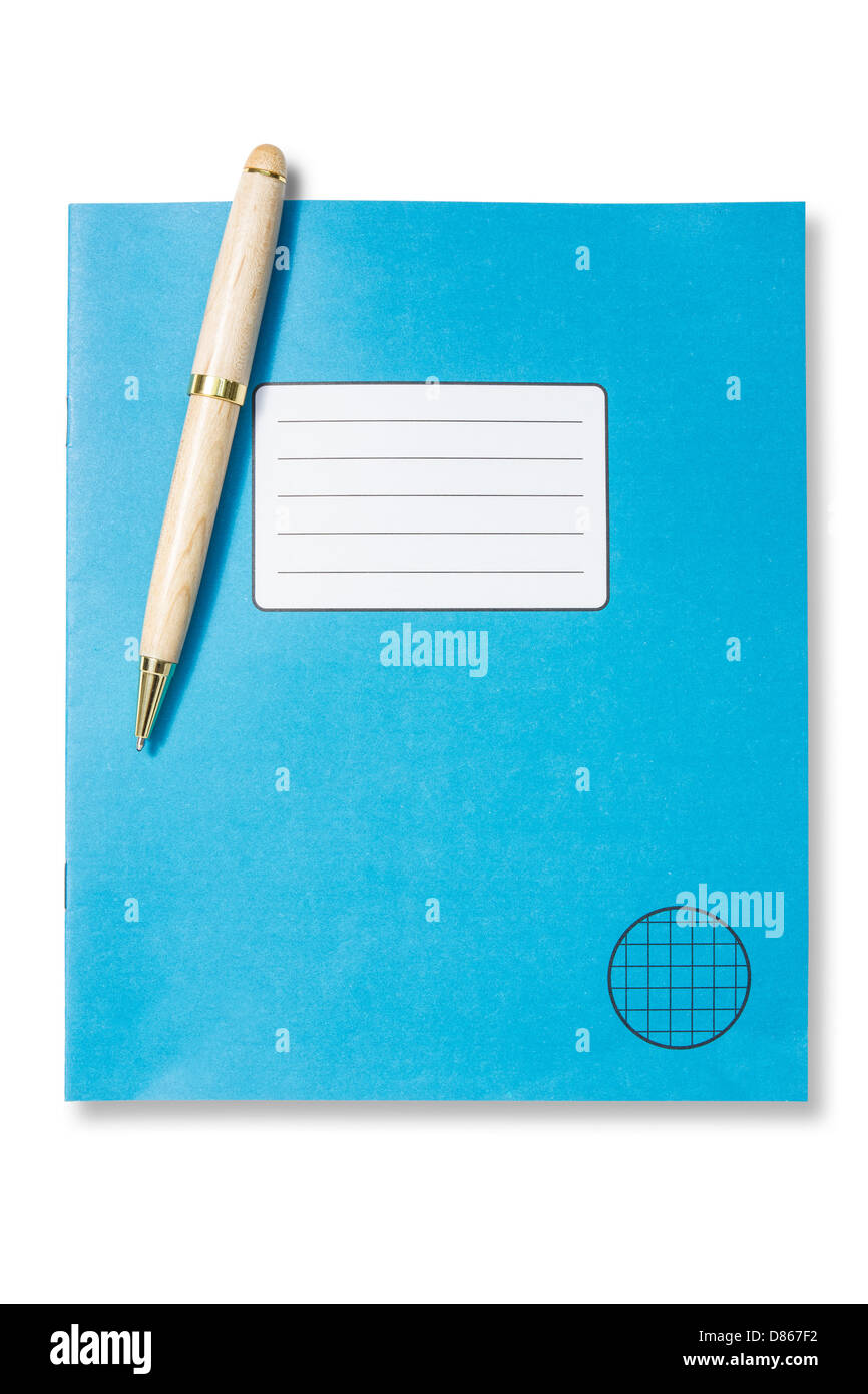 Blue exercise book and pen, isolated on white background Stock Photo ...