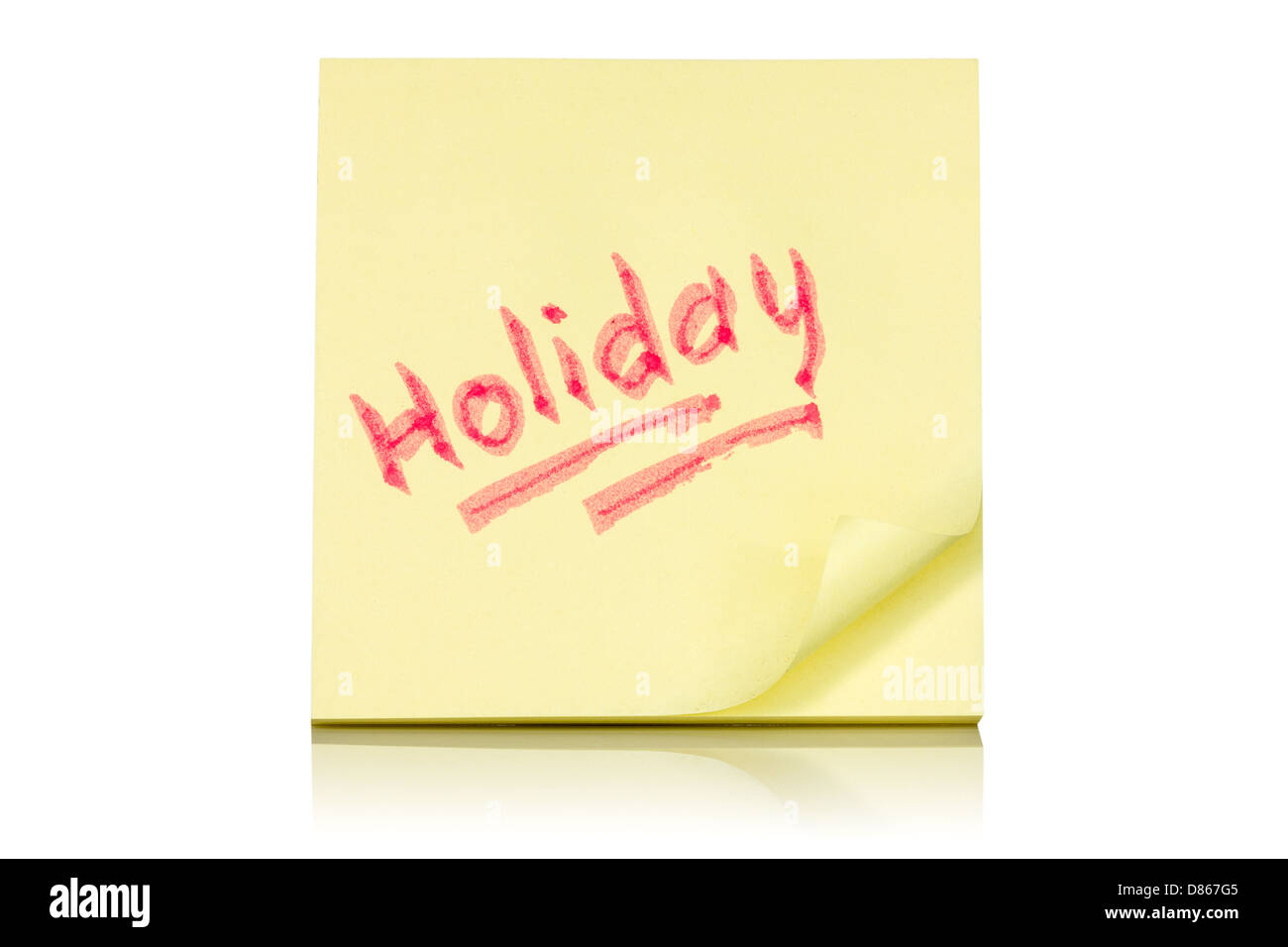 "Holiday" written on the yellow note. Isolated on white background ...