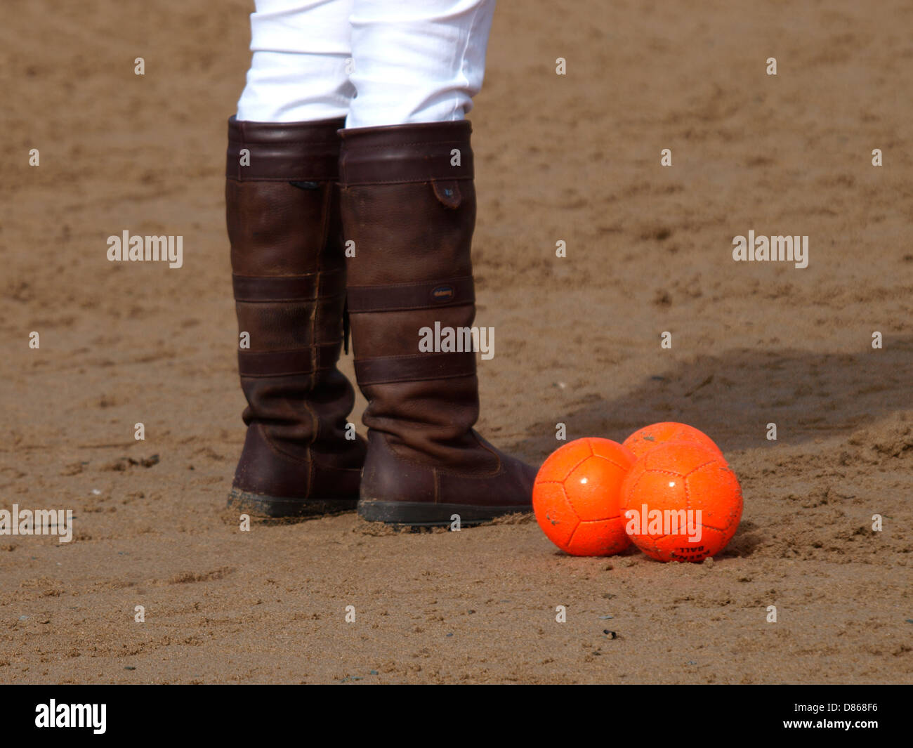 Polo arena balls on the beach for match, Watergate Bay, Cornwall, UK ...