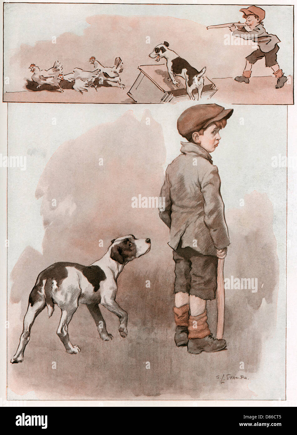 A boy and his dog in trouble for chasing chickens Stock Photo - Alamy