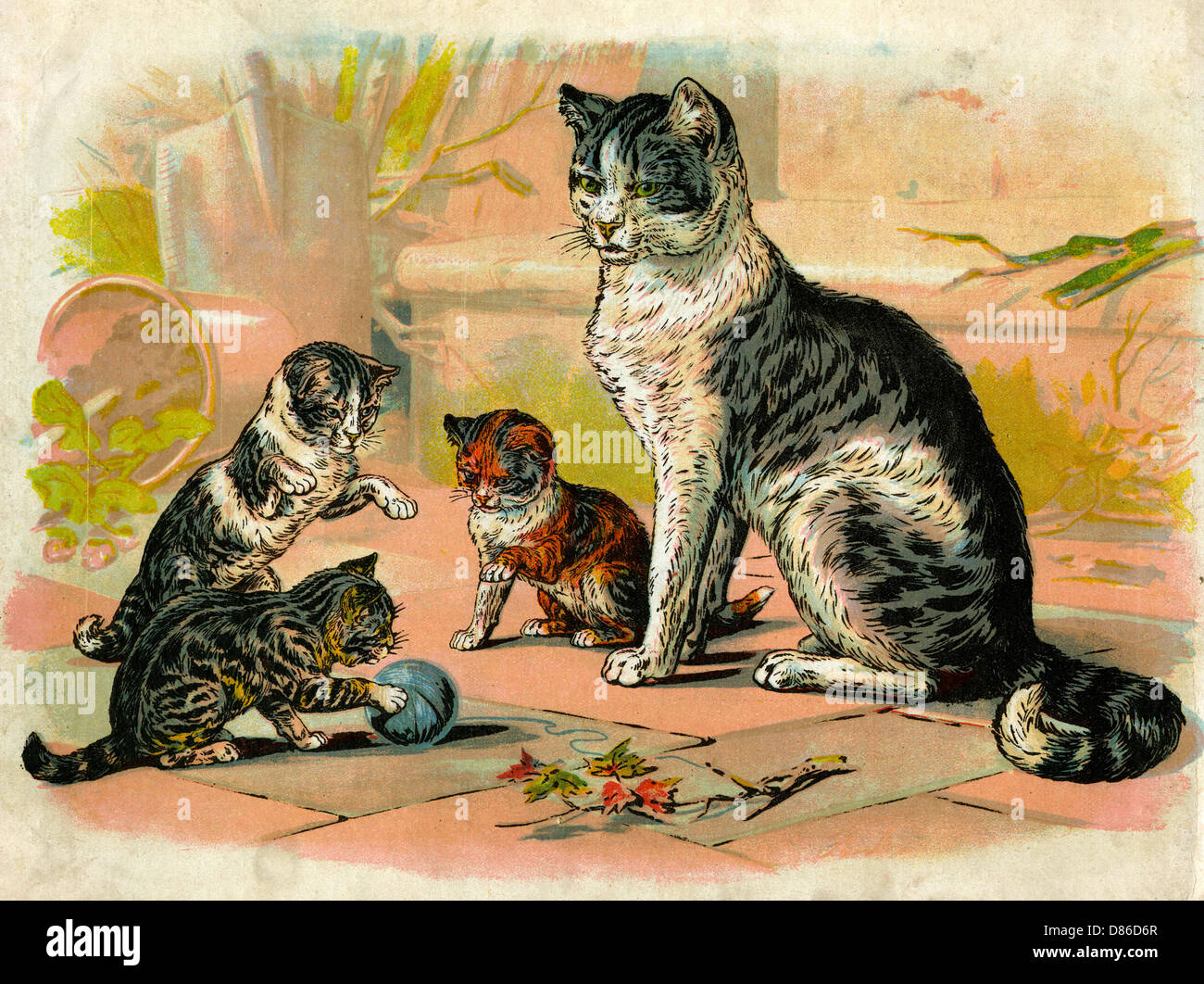 Cat and kittens with ball of wool Stock Photo - Alamy