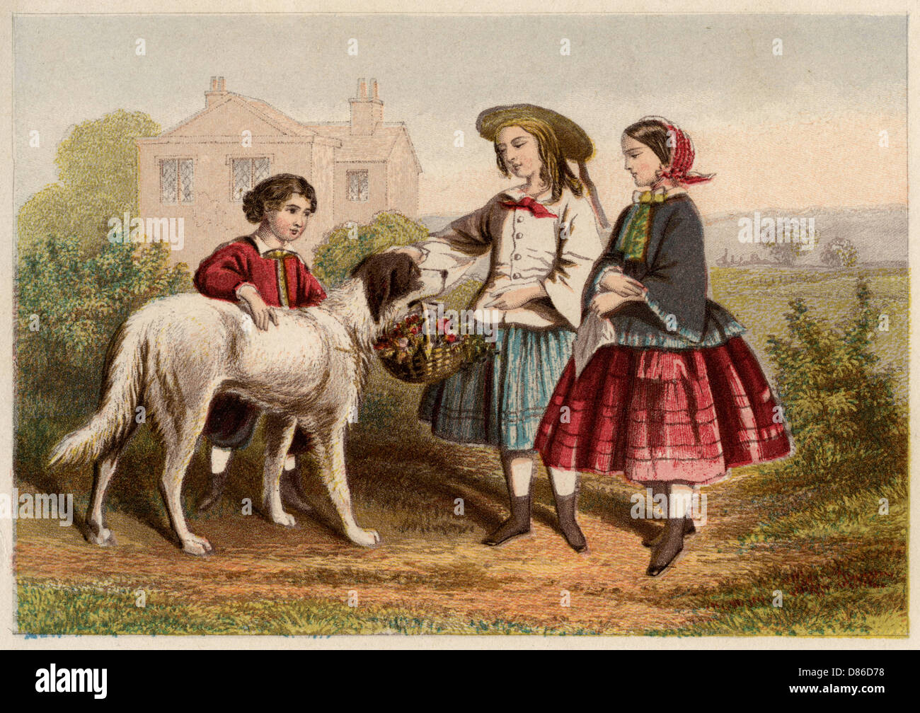 Three Victorian children with a large dog Stock Photo - Alamy