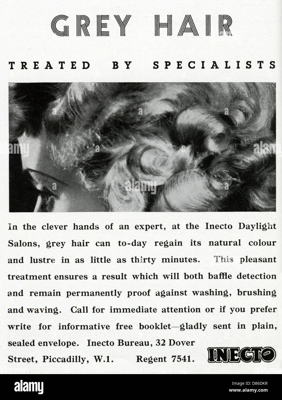 Advert for Inecto Salons: unwanted grey hair 1936 Stock Photo - Alamy