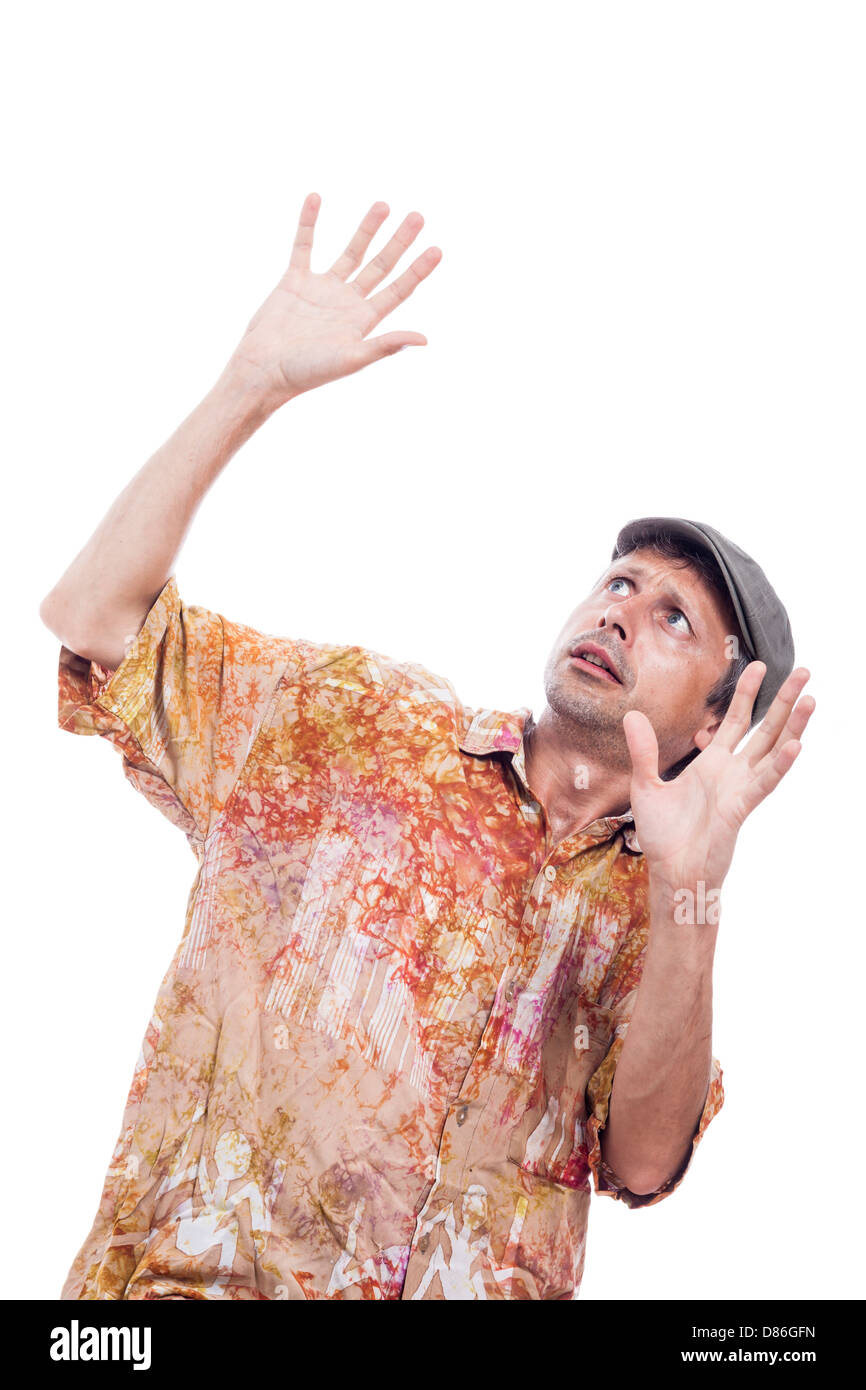 Scared man looking up and gesturing, isolated on white background Stock ...