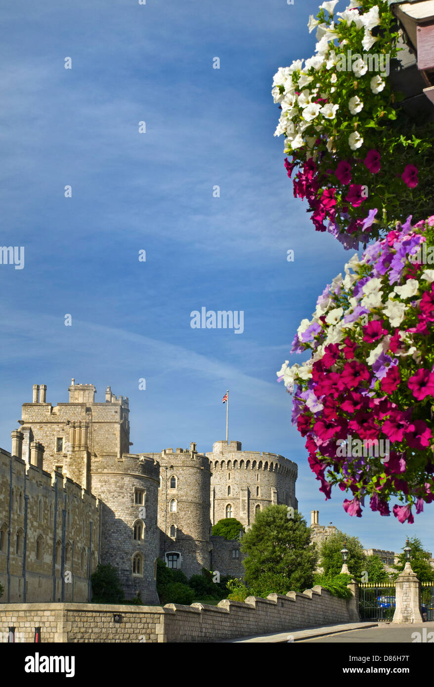 Windsor Castle entrance with flowers in foreground Windsor Berkshire UK ...