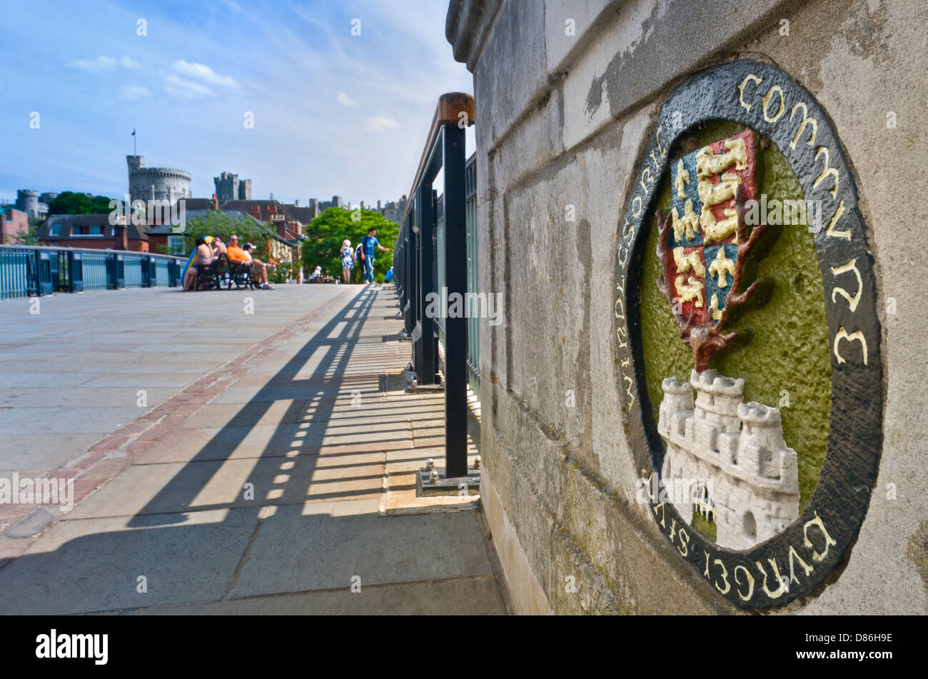 Historic royal crest on bridge over the River Thames at Windsor Castle ...