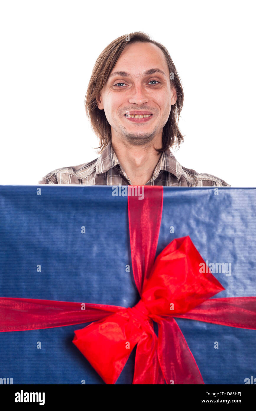 Funny man with big blue gift box, isolated on white background Stock ...
