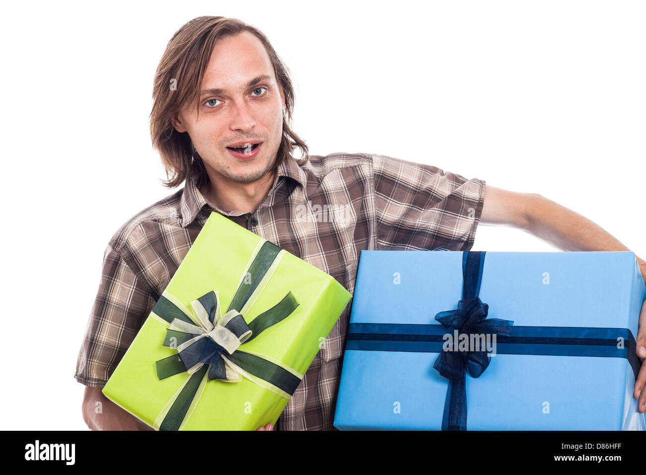 Happy man carrying two gift boxes, isolated on white background Stock ...