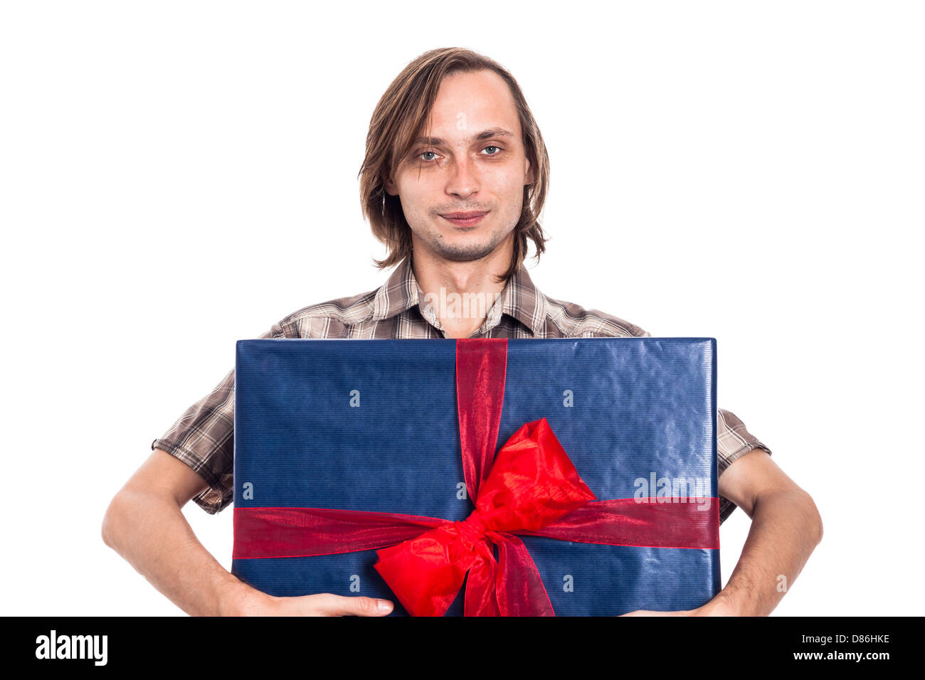 Happy man holding big present, isolated on white background Stock Photo ...