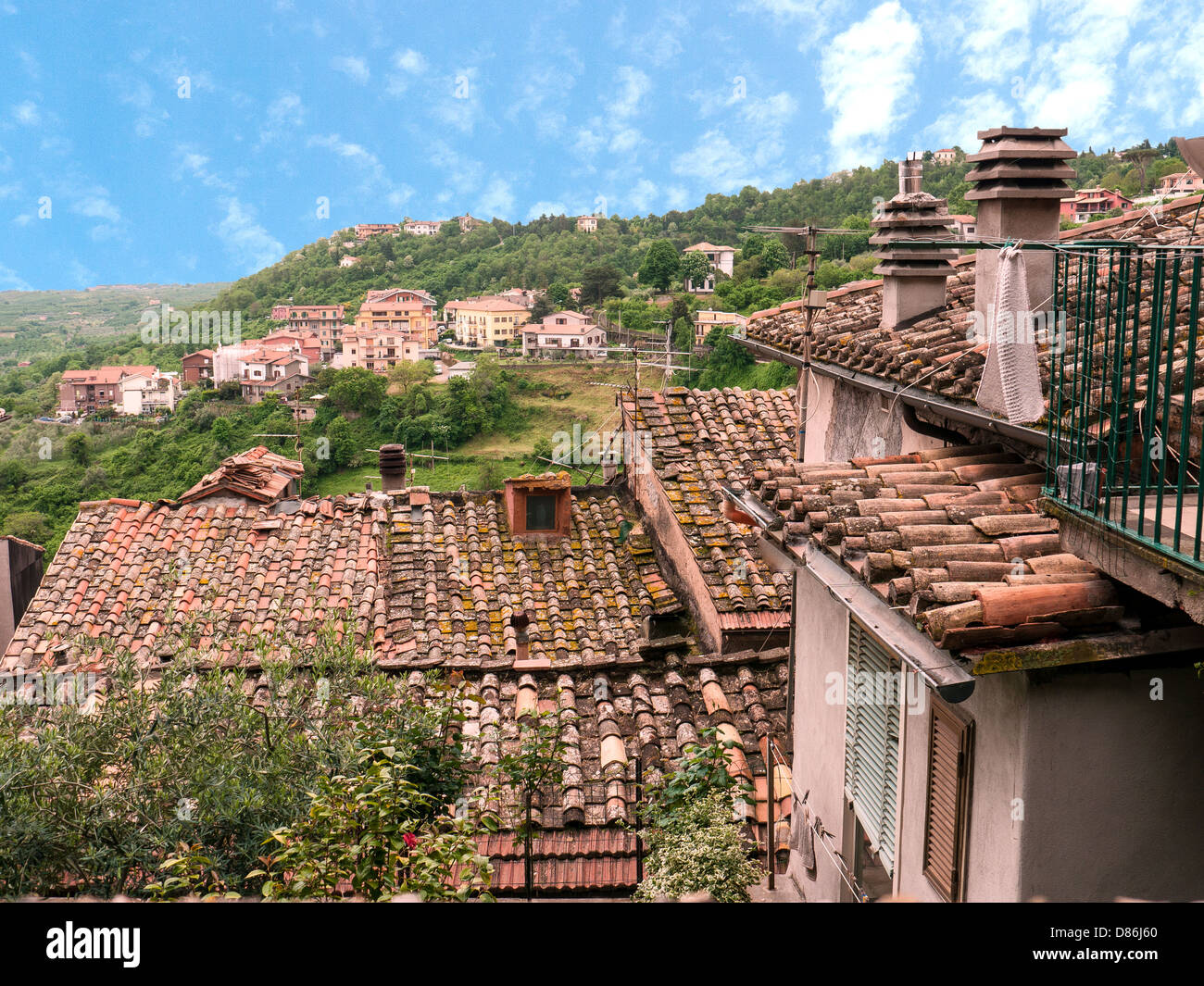 A roof top view in the medieval hill top city of Soriano nel Cimino ...