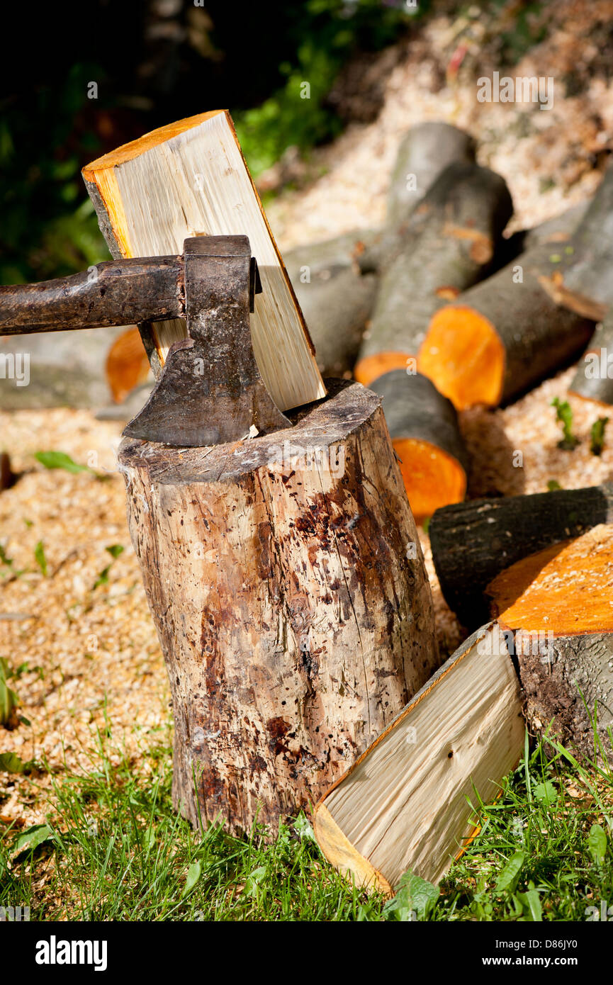 Heavy axe split alder orange log Stock Photo - Alamy