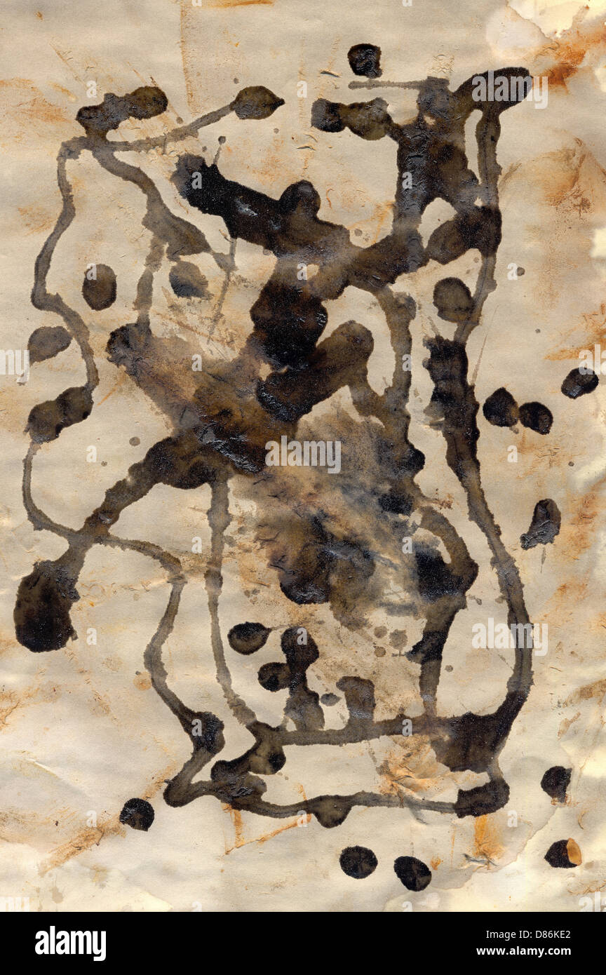 Rust stains and abstract paint drip on old paper. Grungy background ...