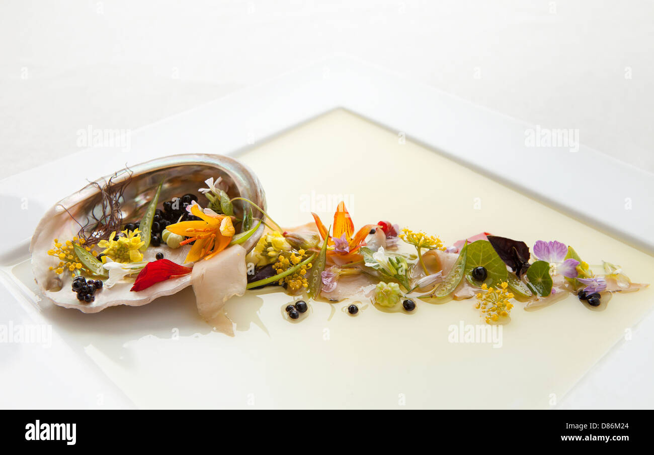 Beautiful white plate back lit with Abalone appetizer served at the ...