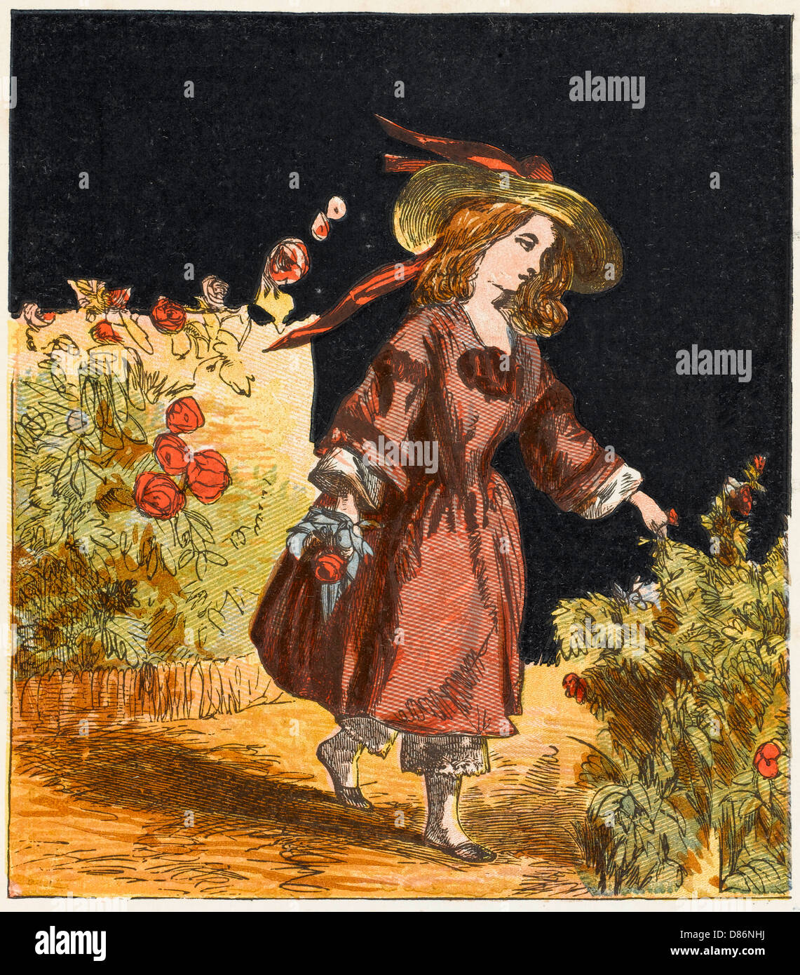 Girl picking flowers in the garden 1867 Stock Photo - Alamy