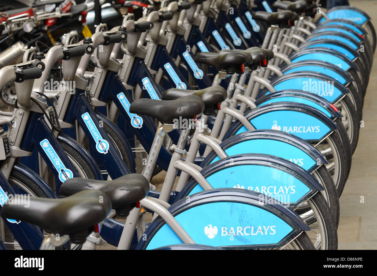 'Barclays Cycle Hire' bikes parked in London Stock Photo - Alamy