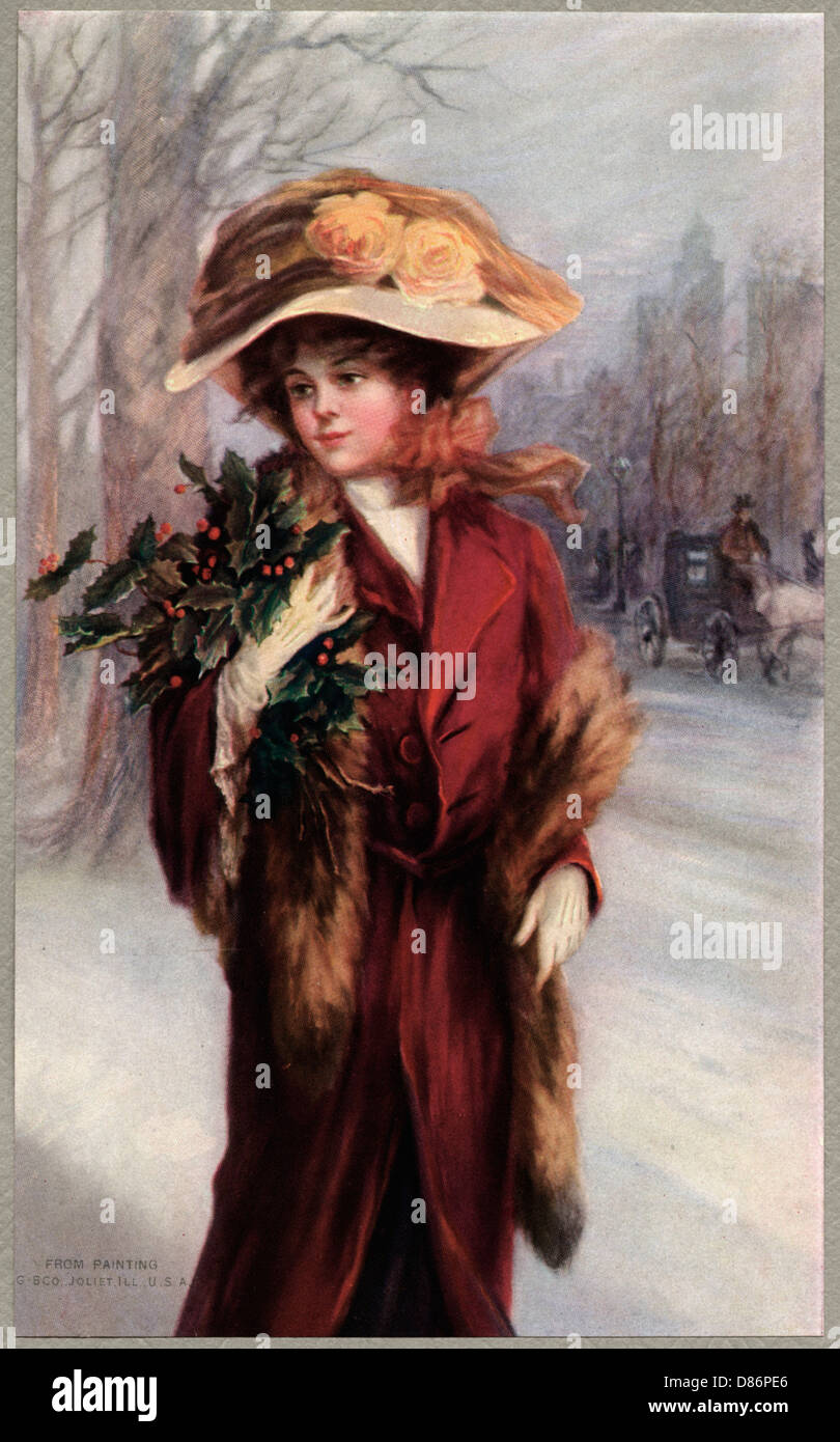 Christmas decorations: American girl and holly, 1912 Stock Photo - Alamy