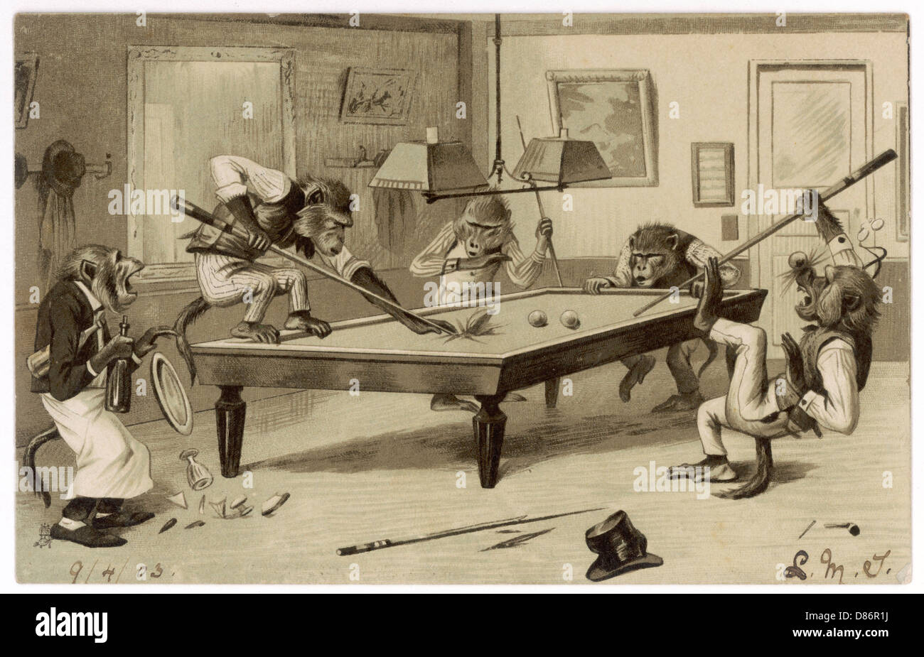 Monkeys play billiards Stock Photo - Alamy