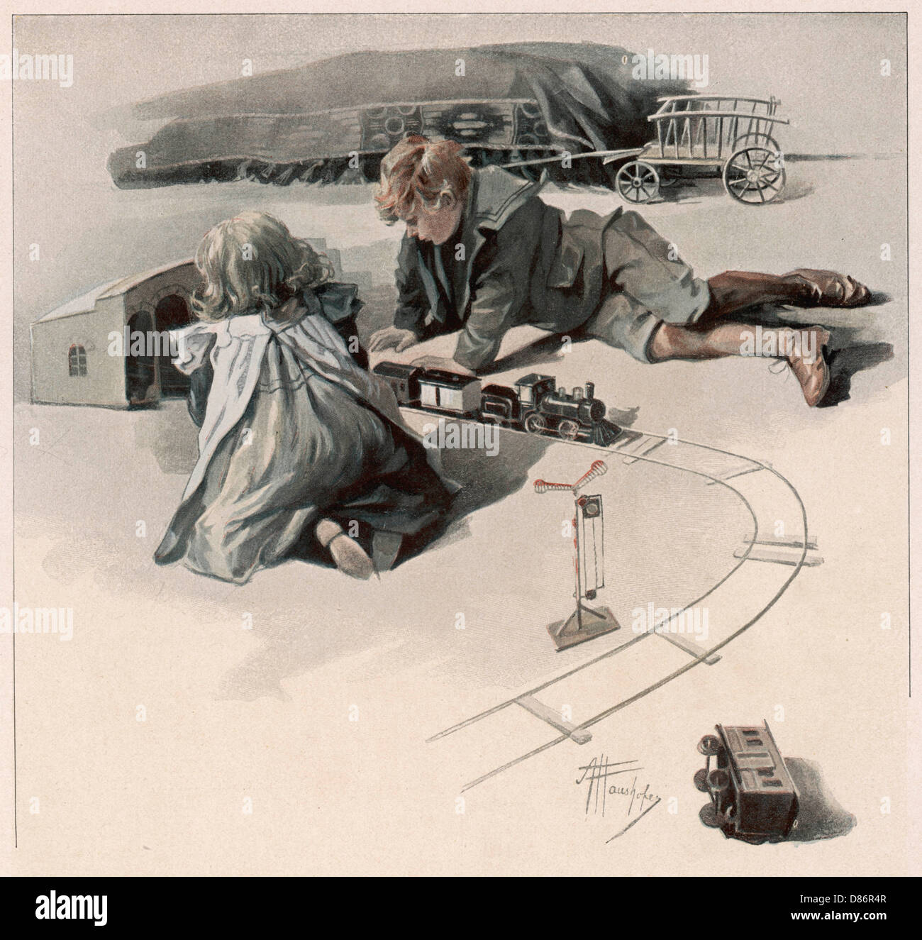 Children playing with model train set Stock Photo - Alamy