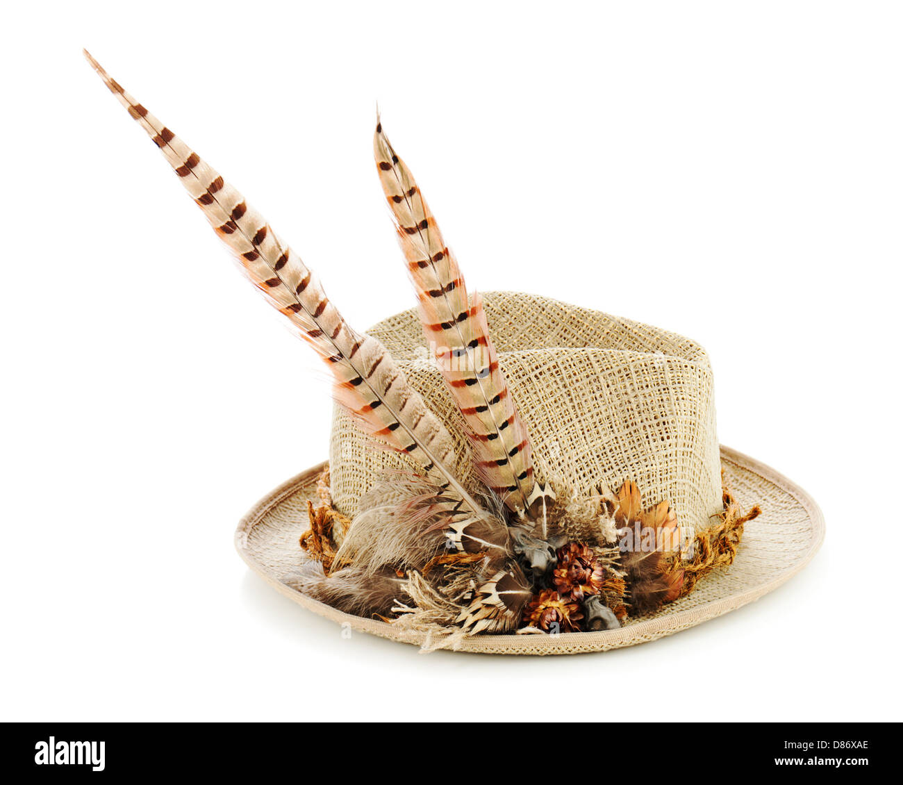 Hunting hat with pheasant feathers isolated on white. Closeup Stock ...