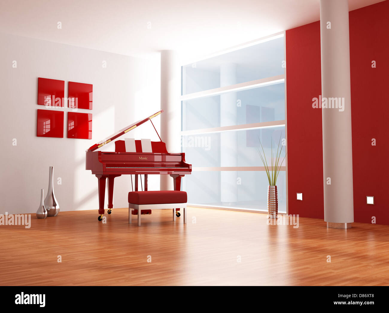 red grand piano in a minimalist red and white living room Stock Photo ...