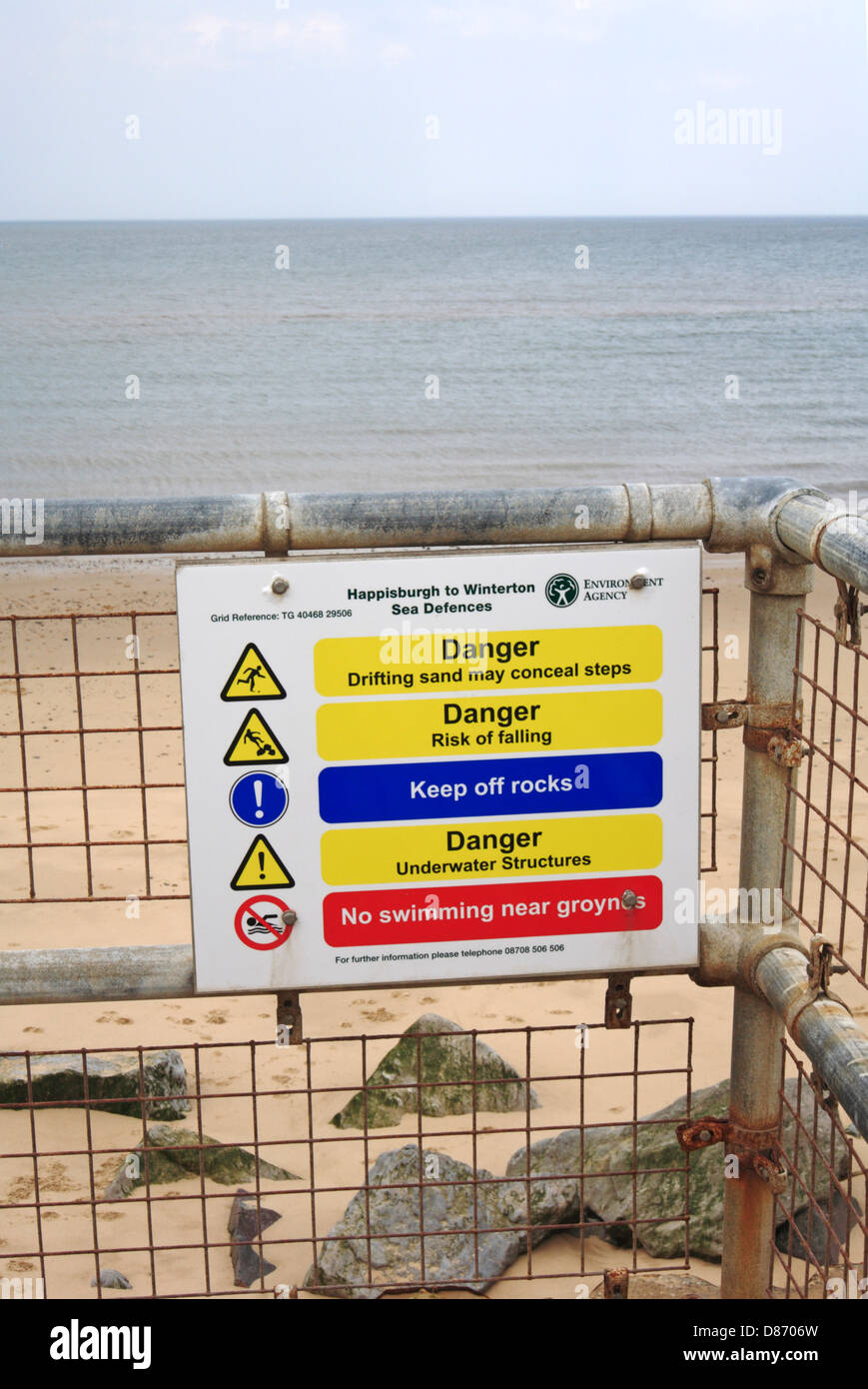 Warning sign denoting dangers at access to the beach at Eccles-on-Sea ...