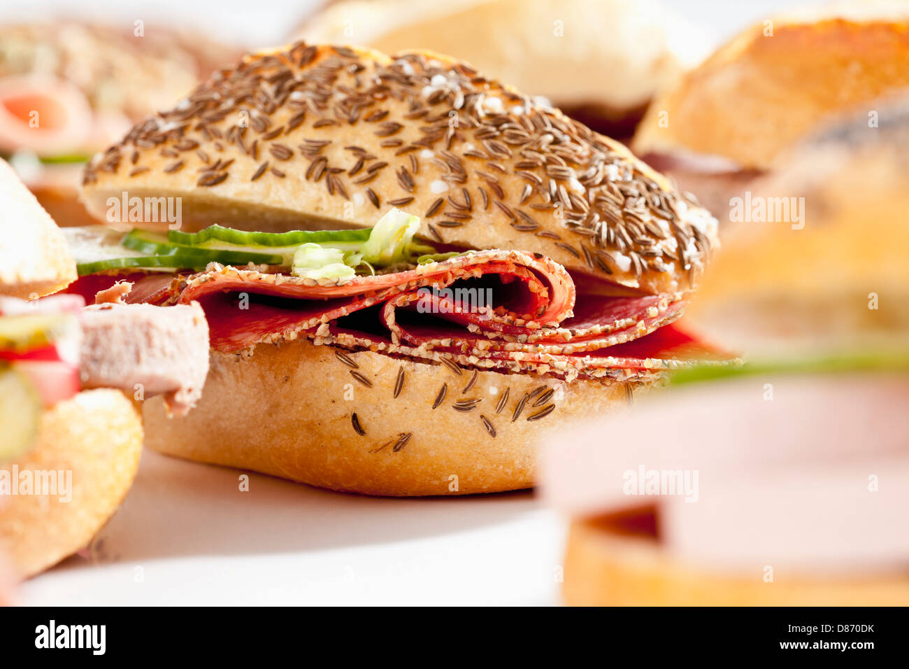 Variety of bread rolls sandwiches with mixed cold cuts on white ...