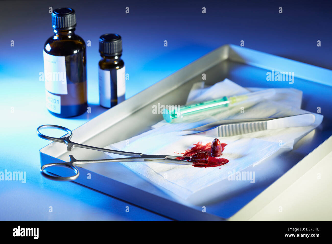 Surgical tray with bullet, tweezers, blood and syringe, close up Stock ...
