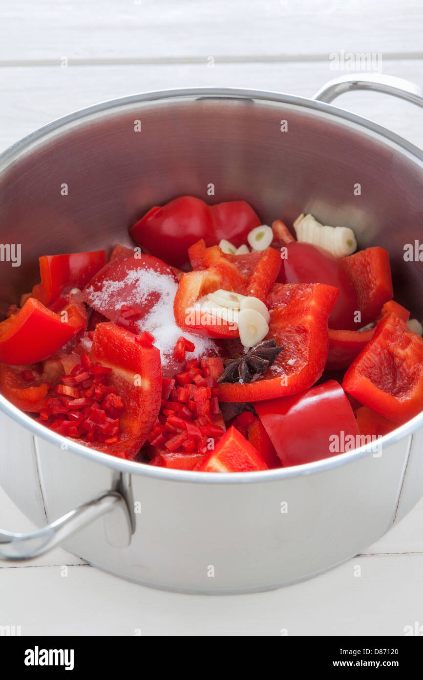 Various ingredients in cooking pot, close up Stock Photo - Alamy