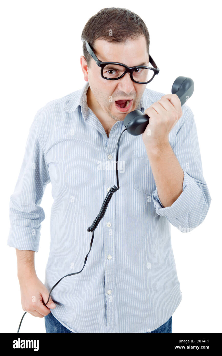 young man with a phone, isolated on white Stock Photo - Alamy