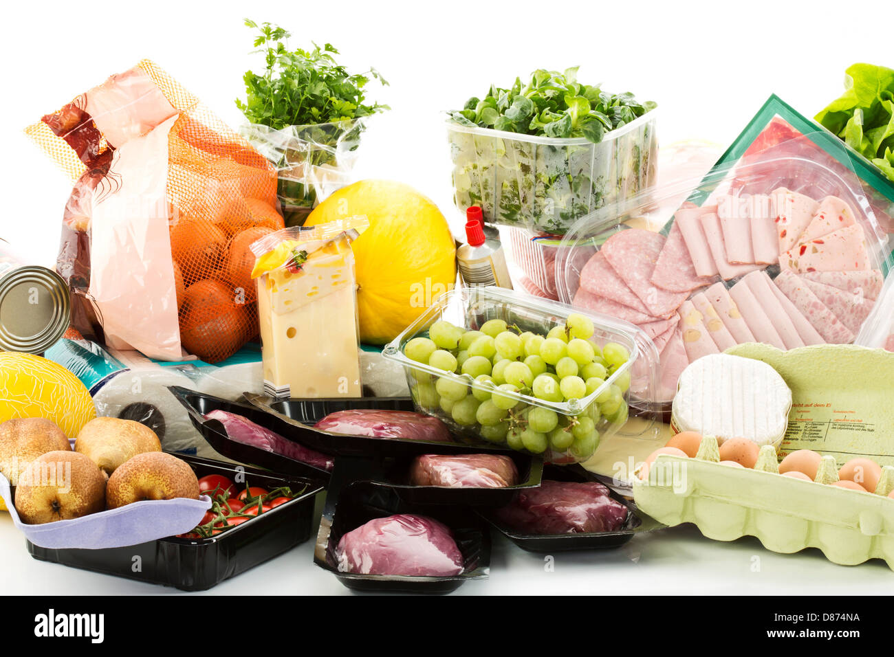 Various groceries on white background Stock Photo - Alamy