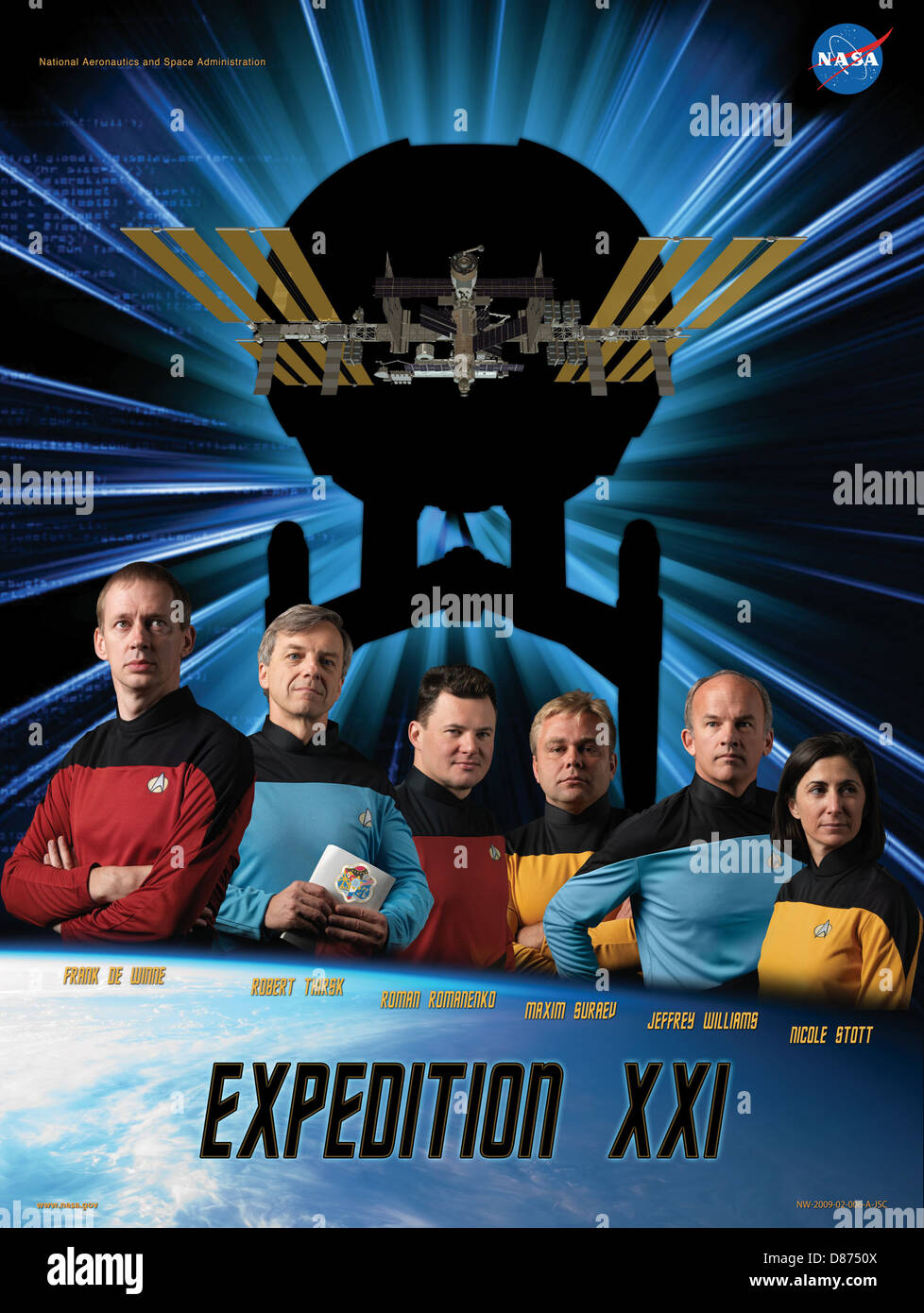 A poster depicting the crew of Expedition 21 aboard the International ...