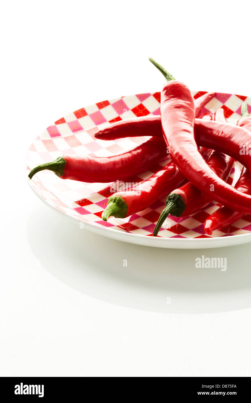 Plate of red chilli pepper on white background, close up Stock Photo ...