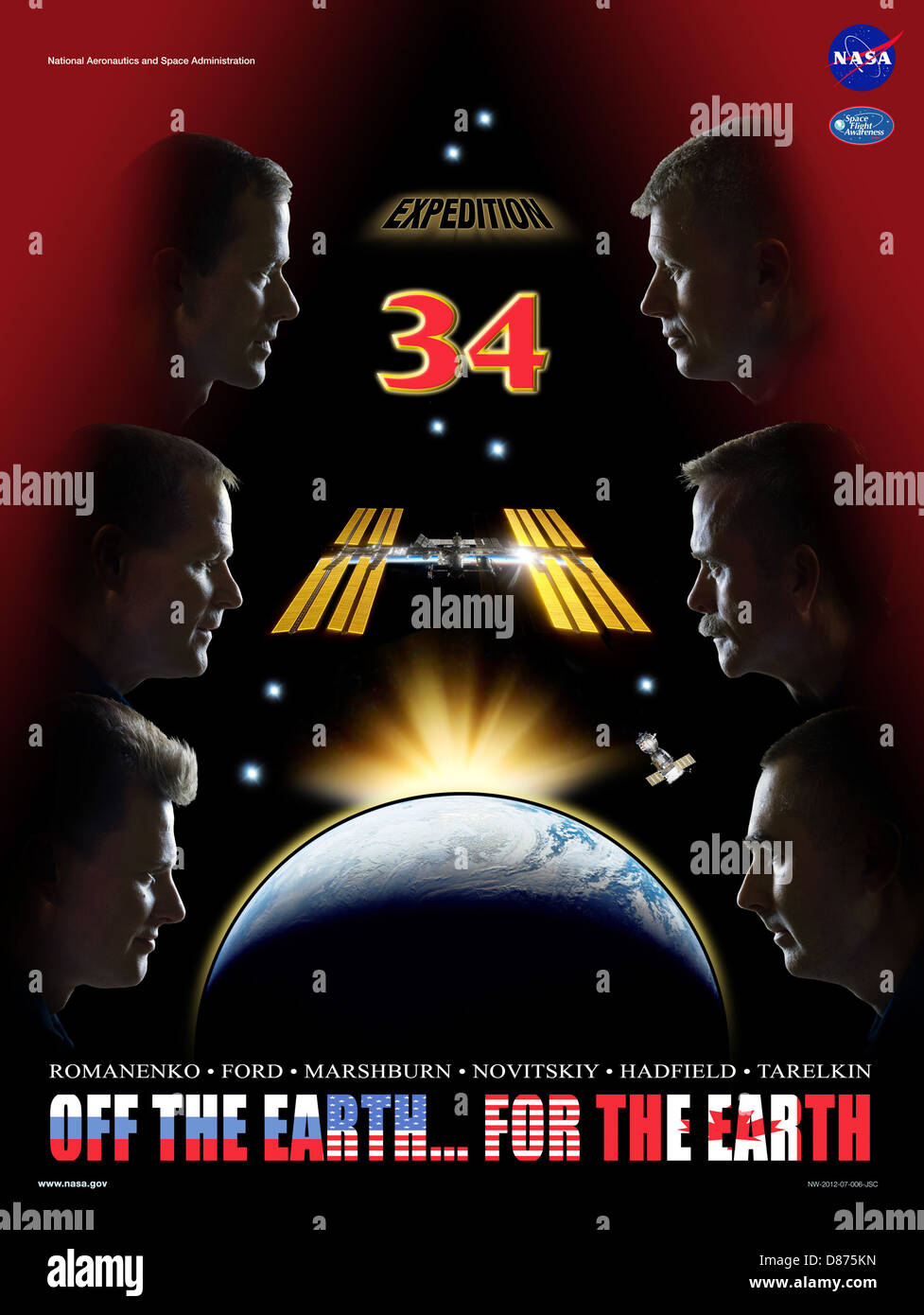 The official crew poster for Expedition 34, featuring astronauts and cosmonauts aboard the ...